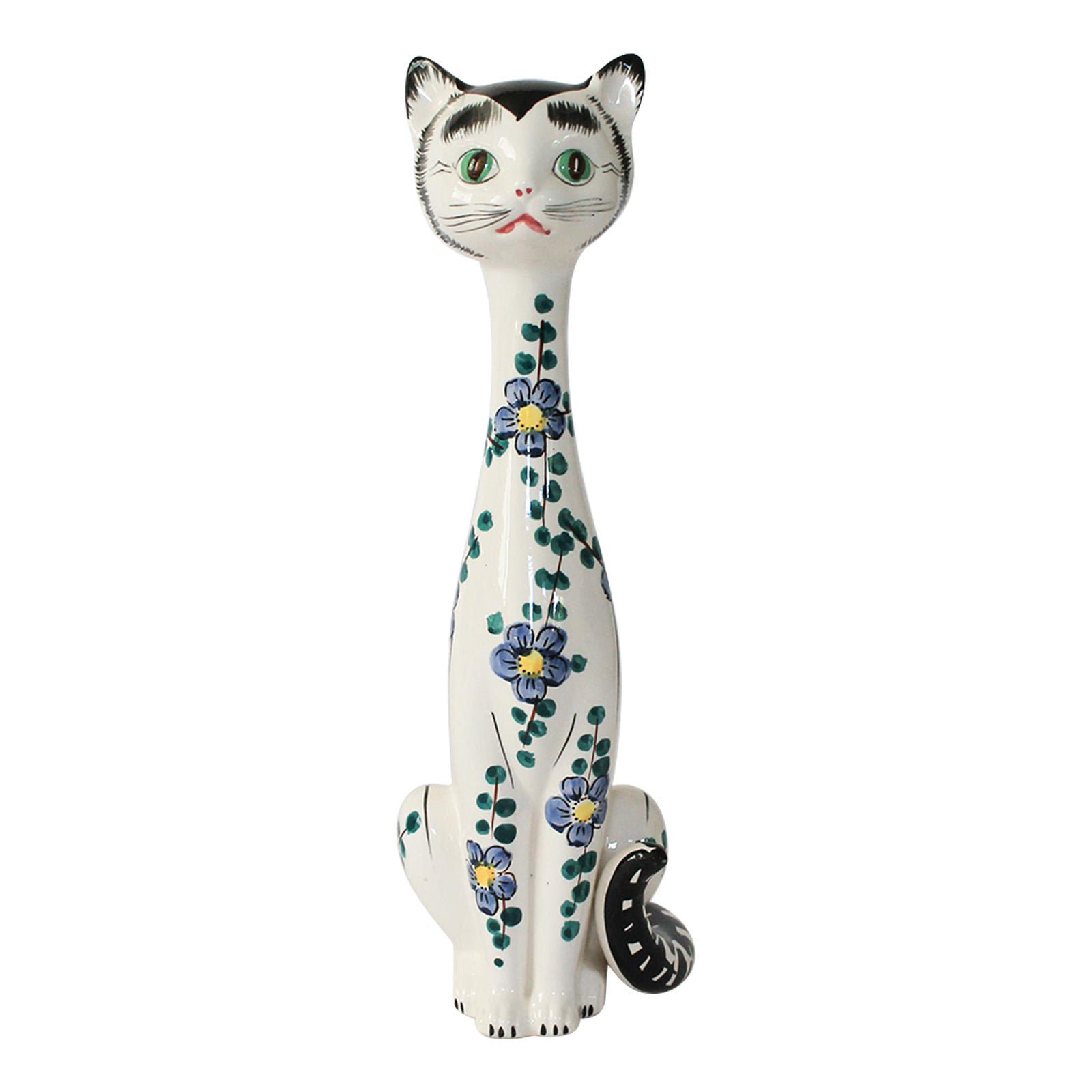 Vintage Hand Painted Long Neck Cat Figurine | Chairish