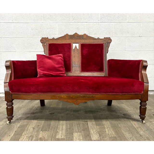 Antique 19th Century Victorian Eastlake Crushed Red Velvet Carved ...