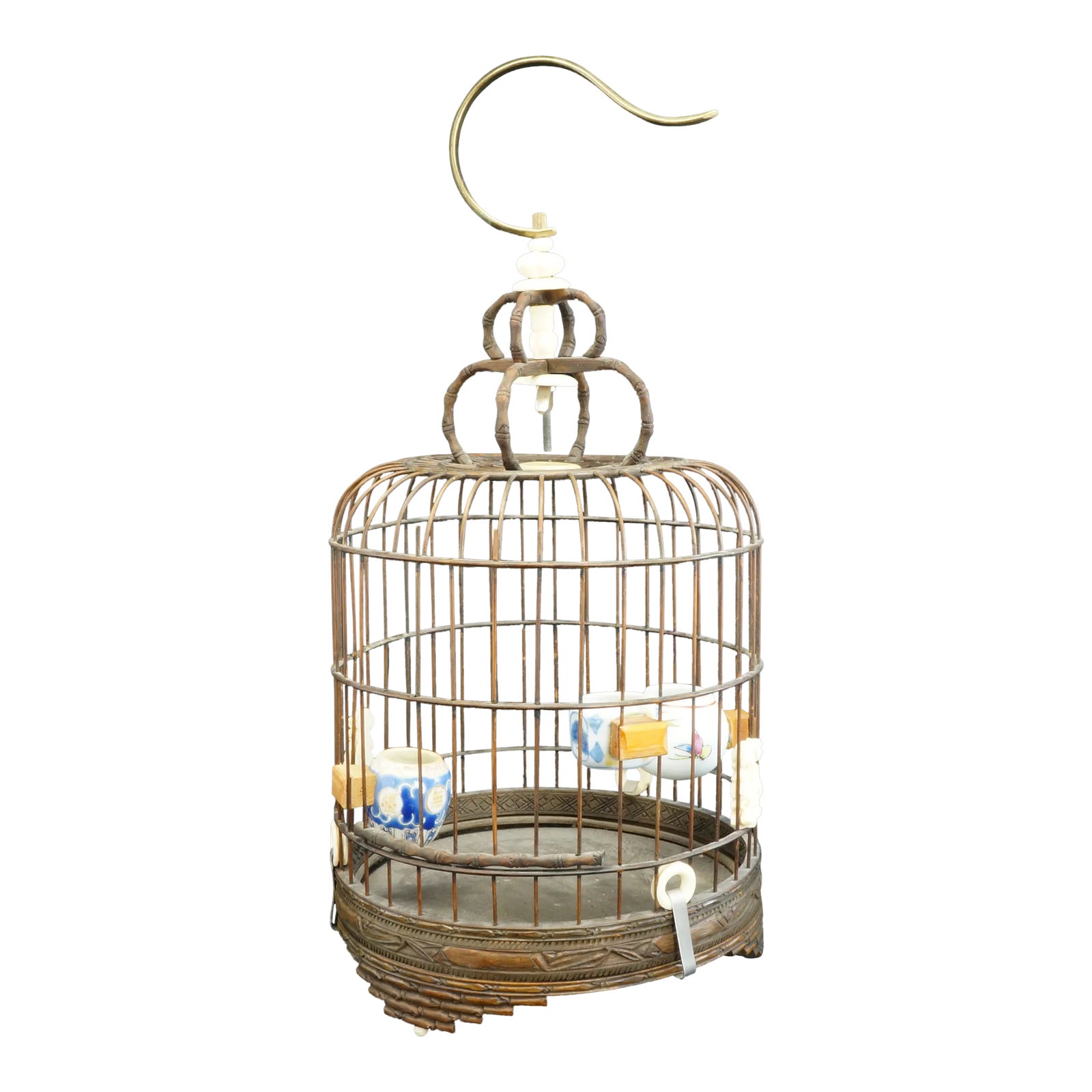 Antique Chinese Bamboo Birdcage With Porcelain Feeders | Chairish