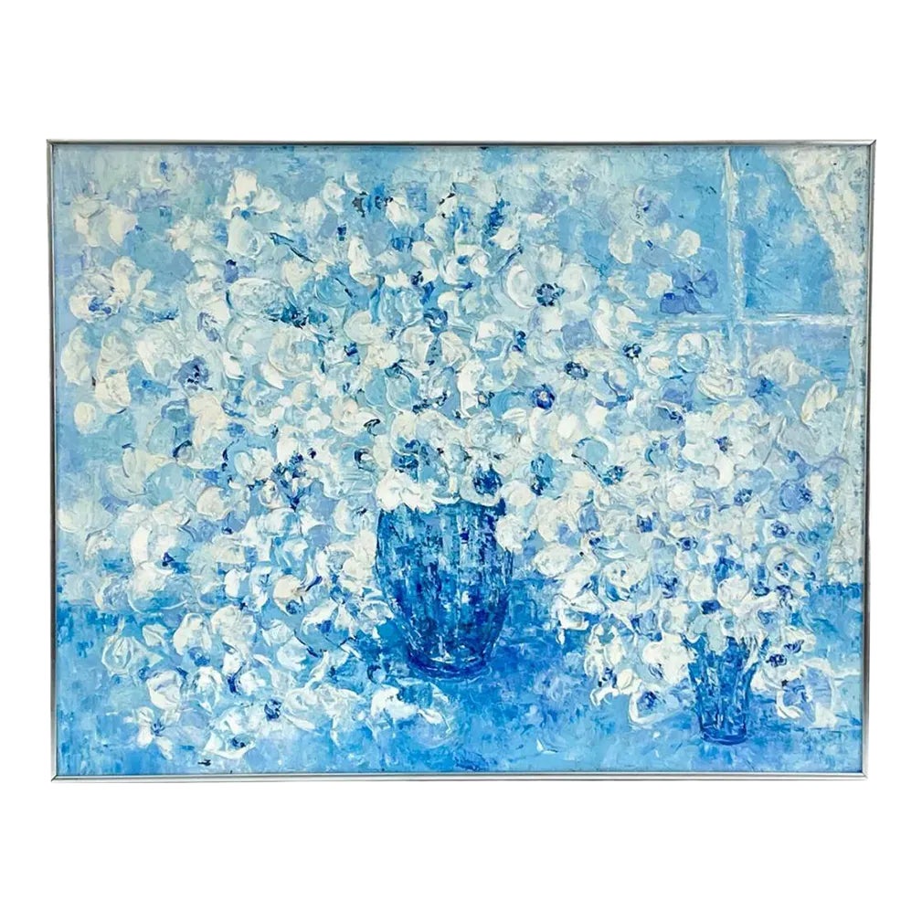 Blue and White Floral Signed Painting | Chairish