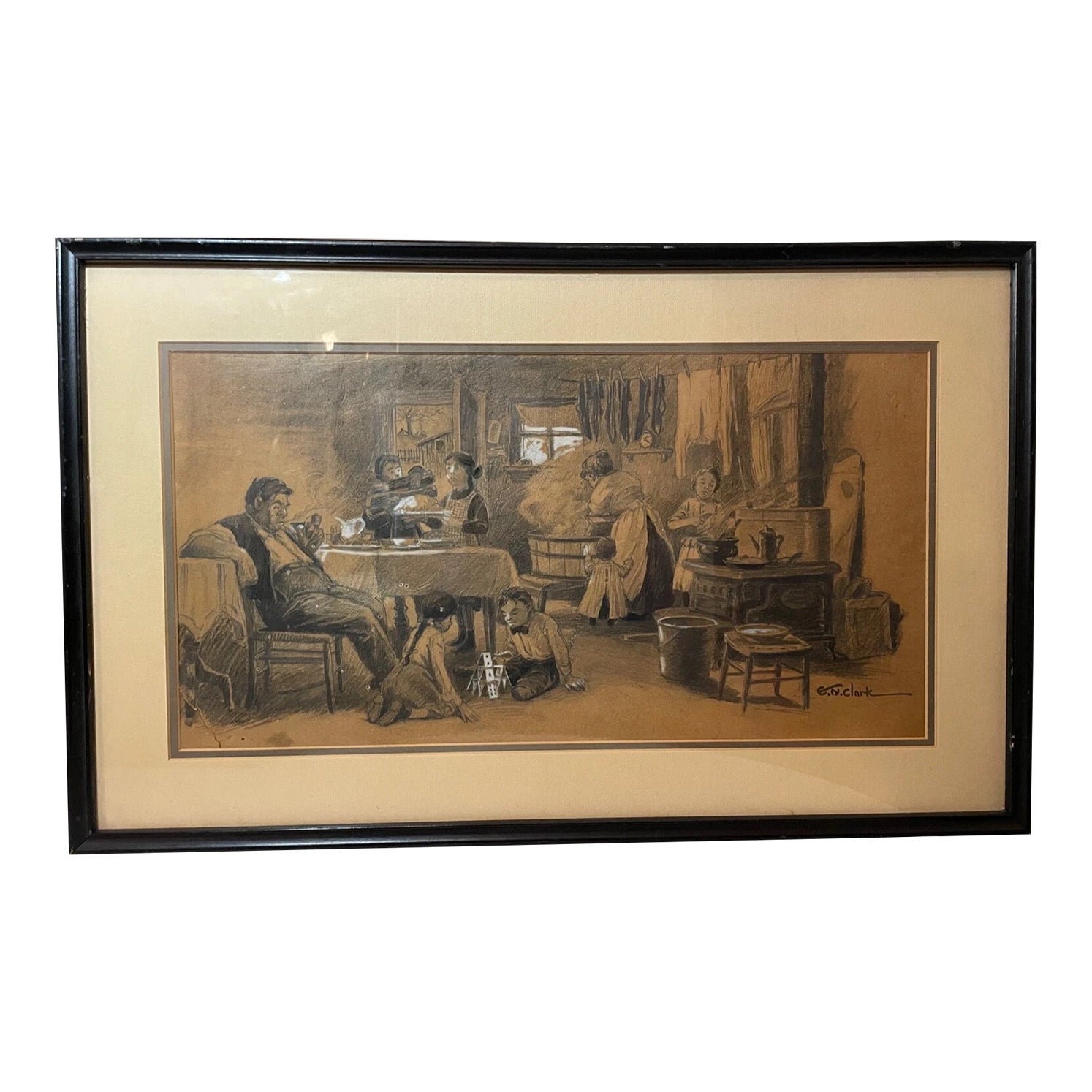 Antique orig.l Egbert Norman Clark Charcoal Pencil Gouache Family ...
