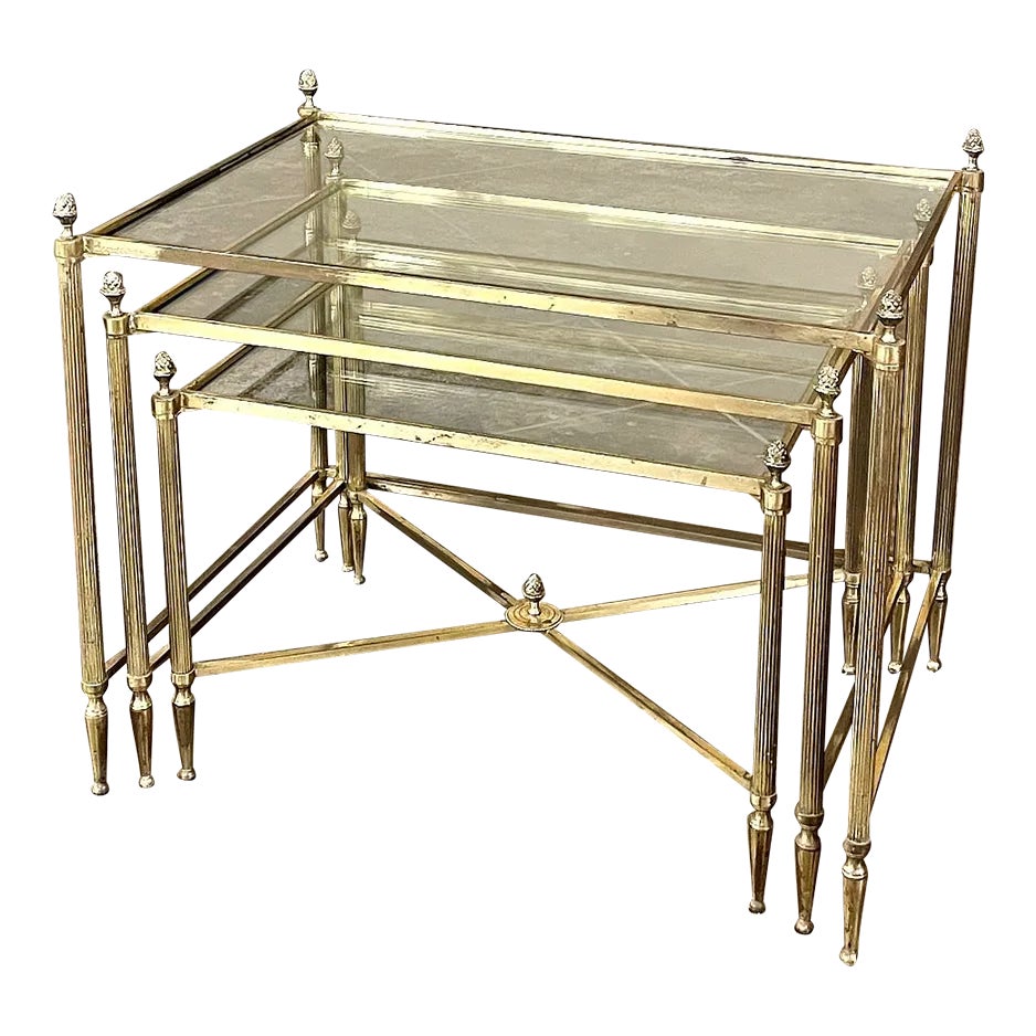 Mid-Century Modern Brass & Glass Nesting Table Set | Chairish
