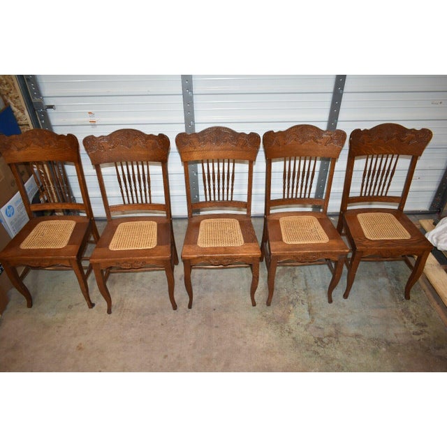 Vintage Mid Century Oak Pressback Cain Chairs - Set of 5 | Chairish