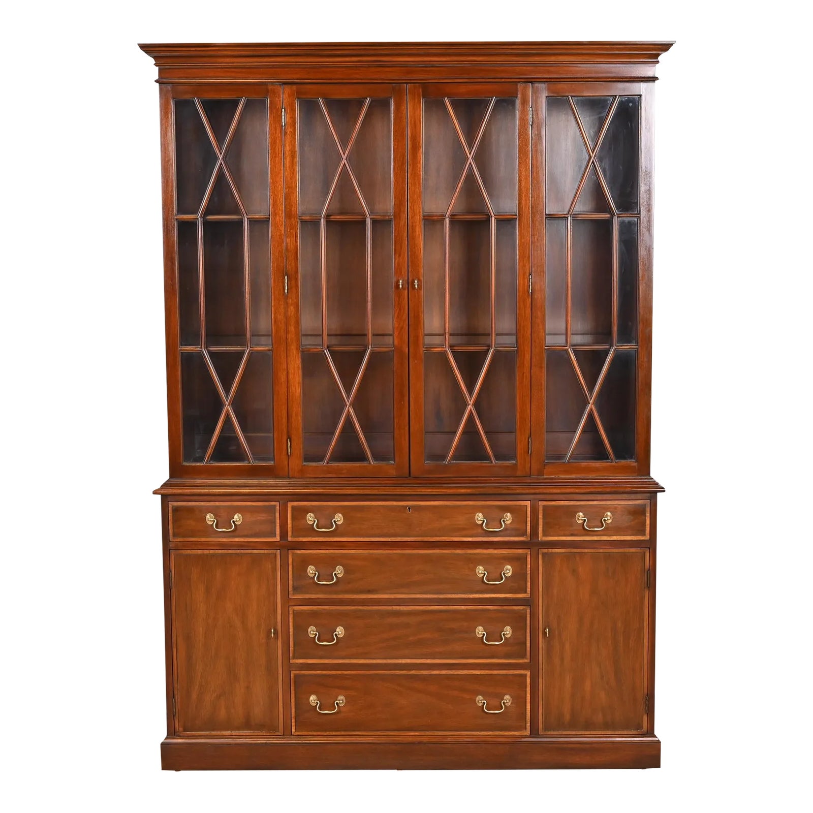 Henkel Harris Georgian Carved Mahogany Lighted Breakfront Bookcase ...