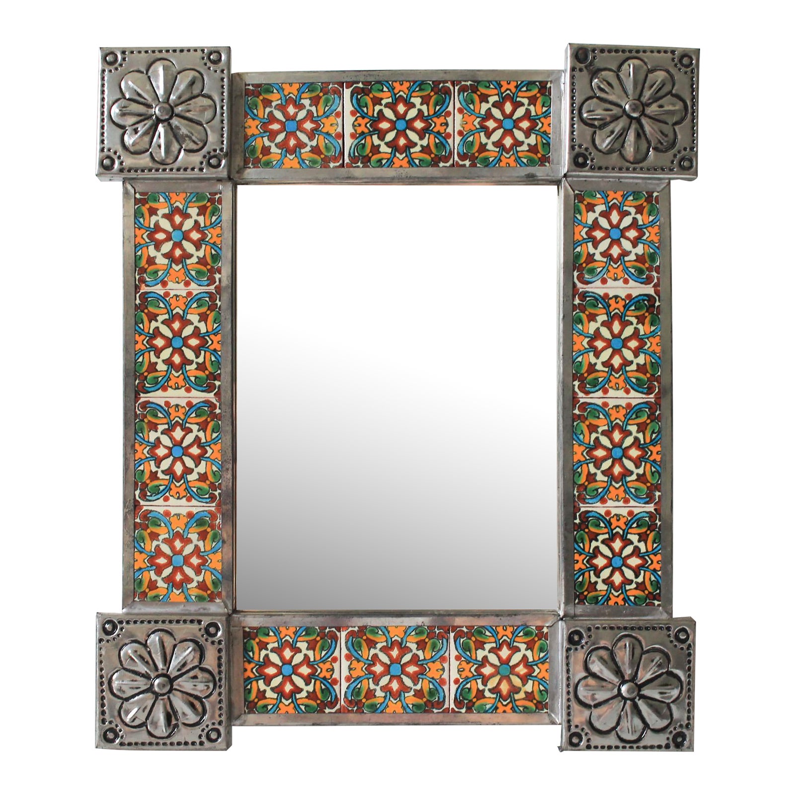 Mexican Folk Art Hand Tooled Tin and Talavera Tile Mirror | Chairish