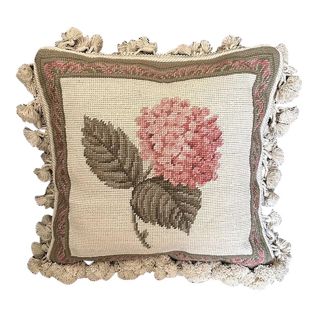 1980s Vintage Pink Hydrangea Floral Needlepoint Pillow Accent Pillow | Chairish