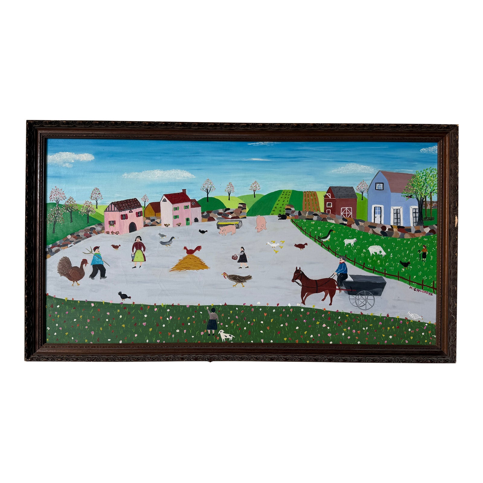 1980's M. GayLord Folk Art Countryside Farm Scene Oil on Canvas ...