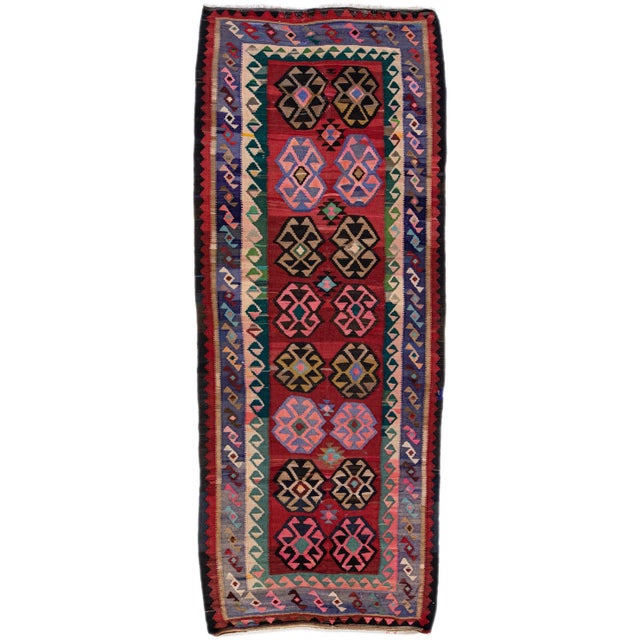 Vintage Turkish Kilim Red Handmade Tribal Wool Runner | Chairish