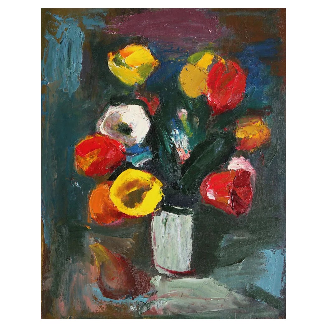 Aleksandr Rodin, Tulips with Pear, Oil on Cardboard | Chairish