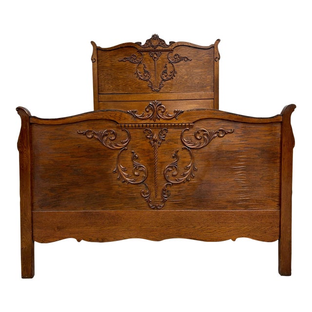 Antique Late Victorian Carved Quarter Sawn Tiger Oak Full Size High ...
