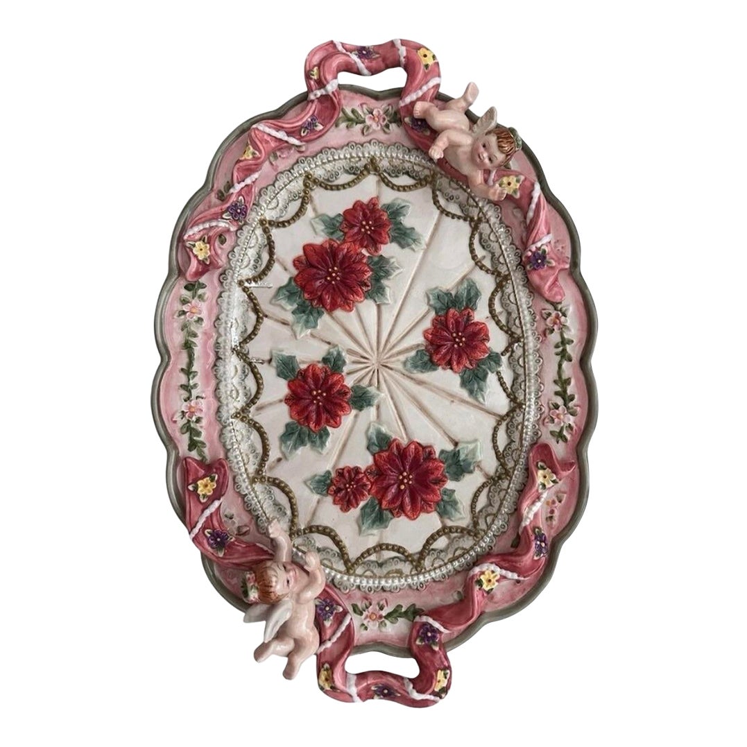 Vintage Italian Capodimonte Style Platter W/Cherubs, Poinsettia, Ribbon ...