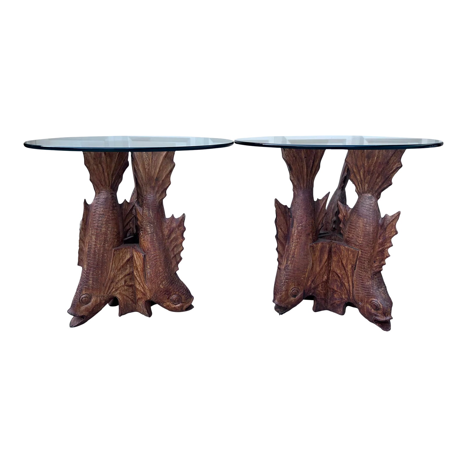 A Pair of Substantial Hand Carved Large Teak Koi Fish Sculpture Side ...