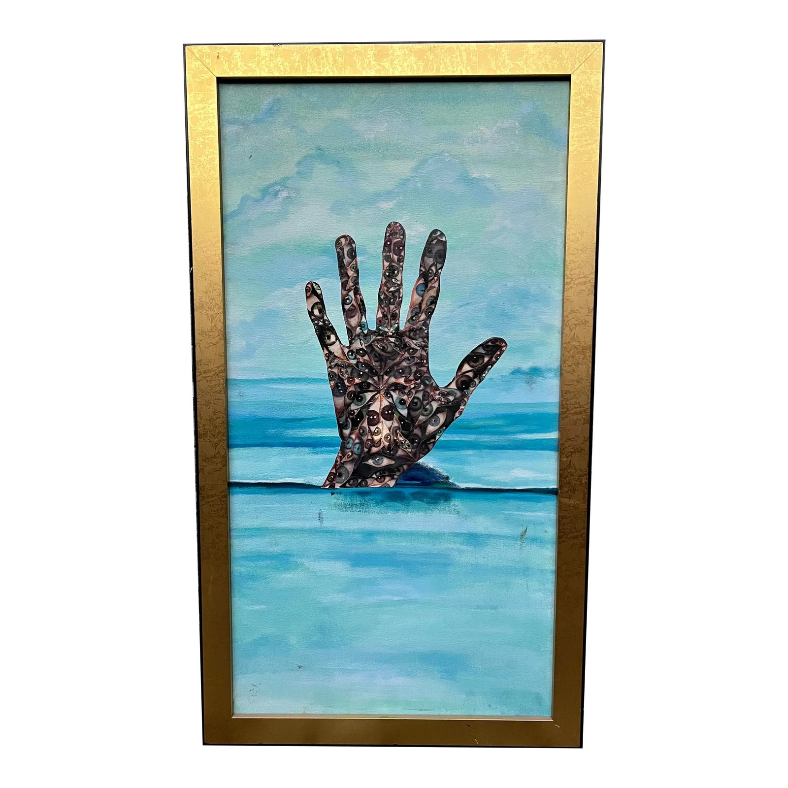 1990s Surrealist Decoupage Hand with Eyes Seascape Painting, Framed ...