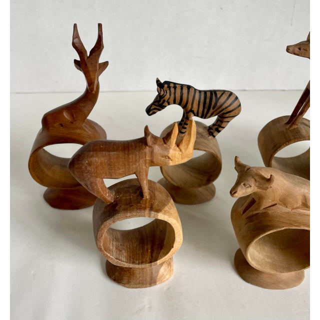 Set of 8 African Wood Carved Safari Animal Napkin Rings | Chairish