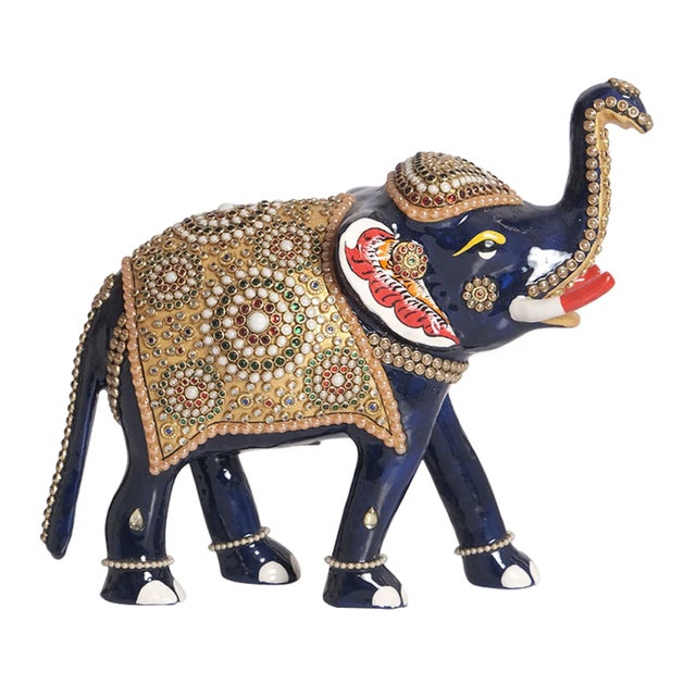 Ornate Blue Gold Elephant Statue With Stone Jewels | Chairish