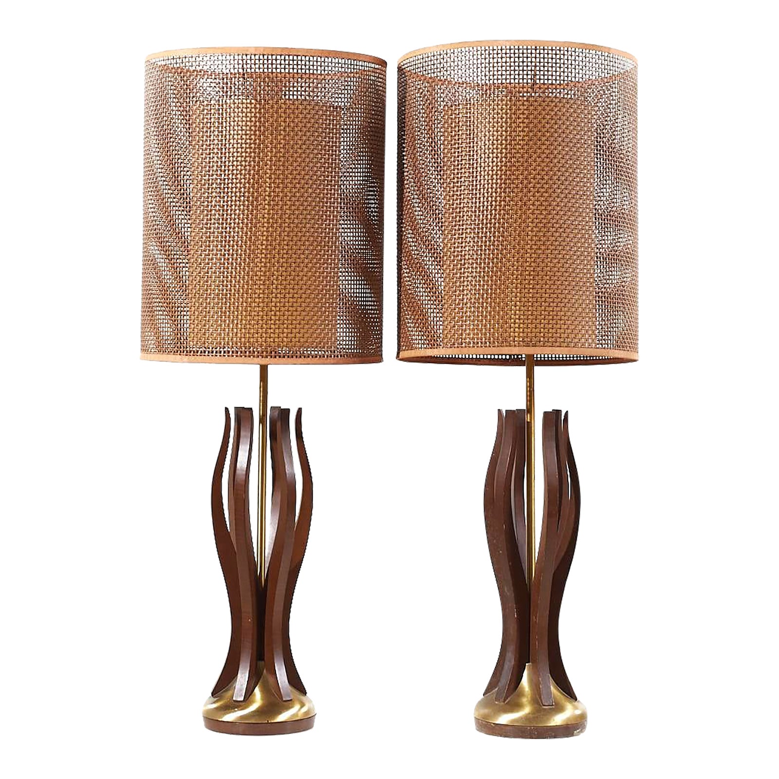 Modeline Style Mid Century Walnut and Brass Lamps - Pair | Chairish