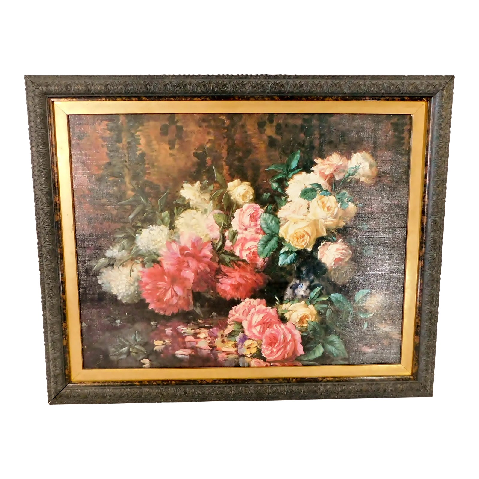 Vintage Floral Roses Print on Board Ornate Carved Wood Frame Wall Decor ...