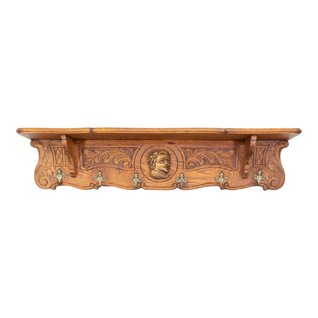 Vintage Early 20th Century Carved Oak Wall Shelf With Hooks Chairish