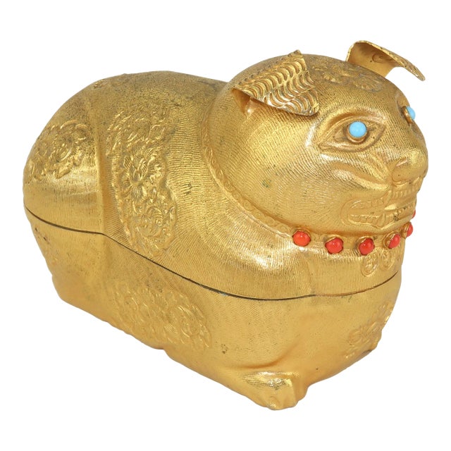 Saks Fifth Avenue Italian Gilt Metal Foo Dog Box | Chairish