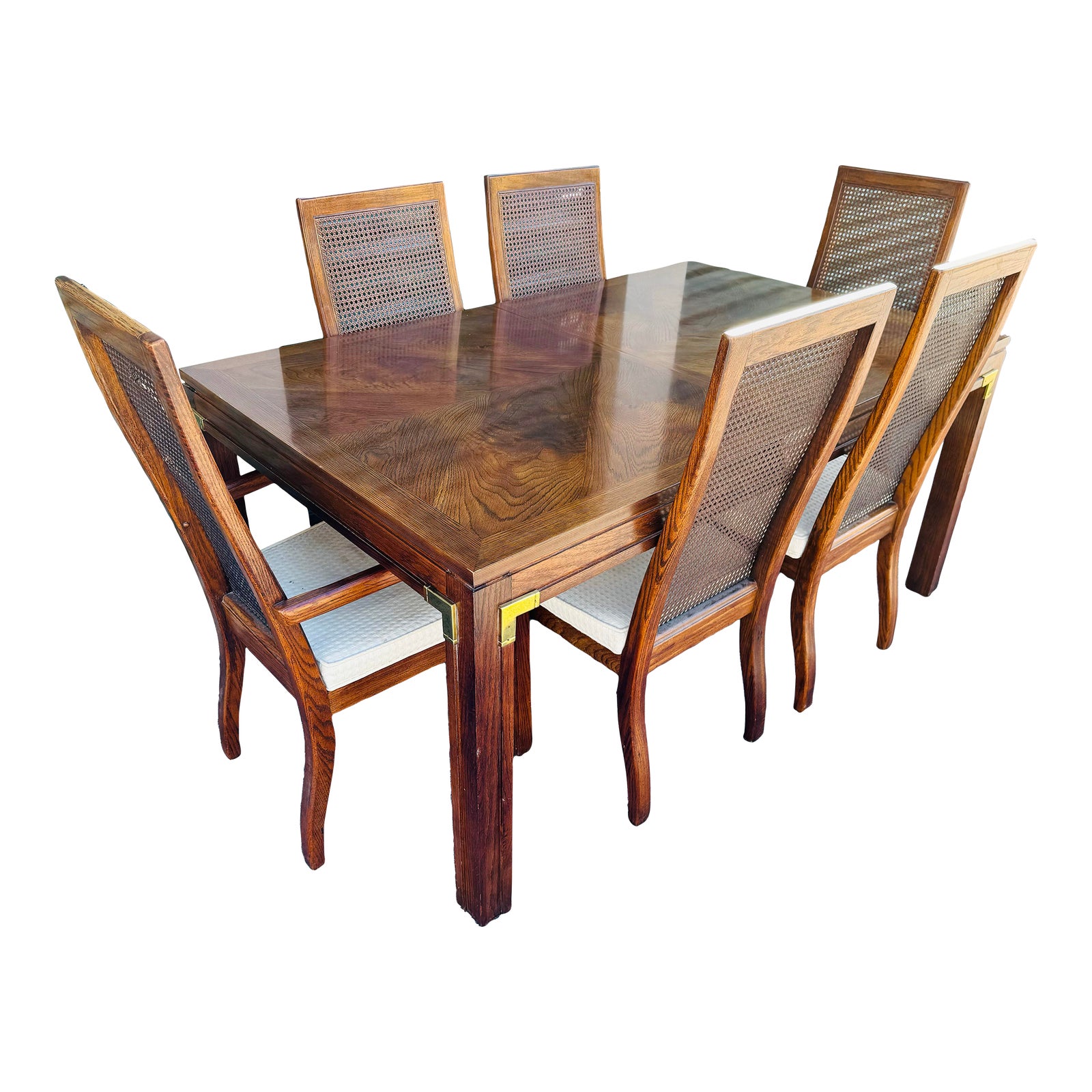 Vintage 1970s Thomasville Oak Dining Table With Brass Accents and 6 Caned Dining Chairs Set of 9