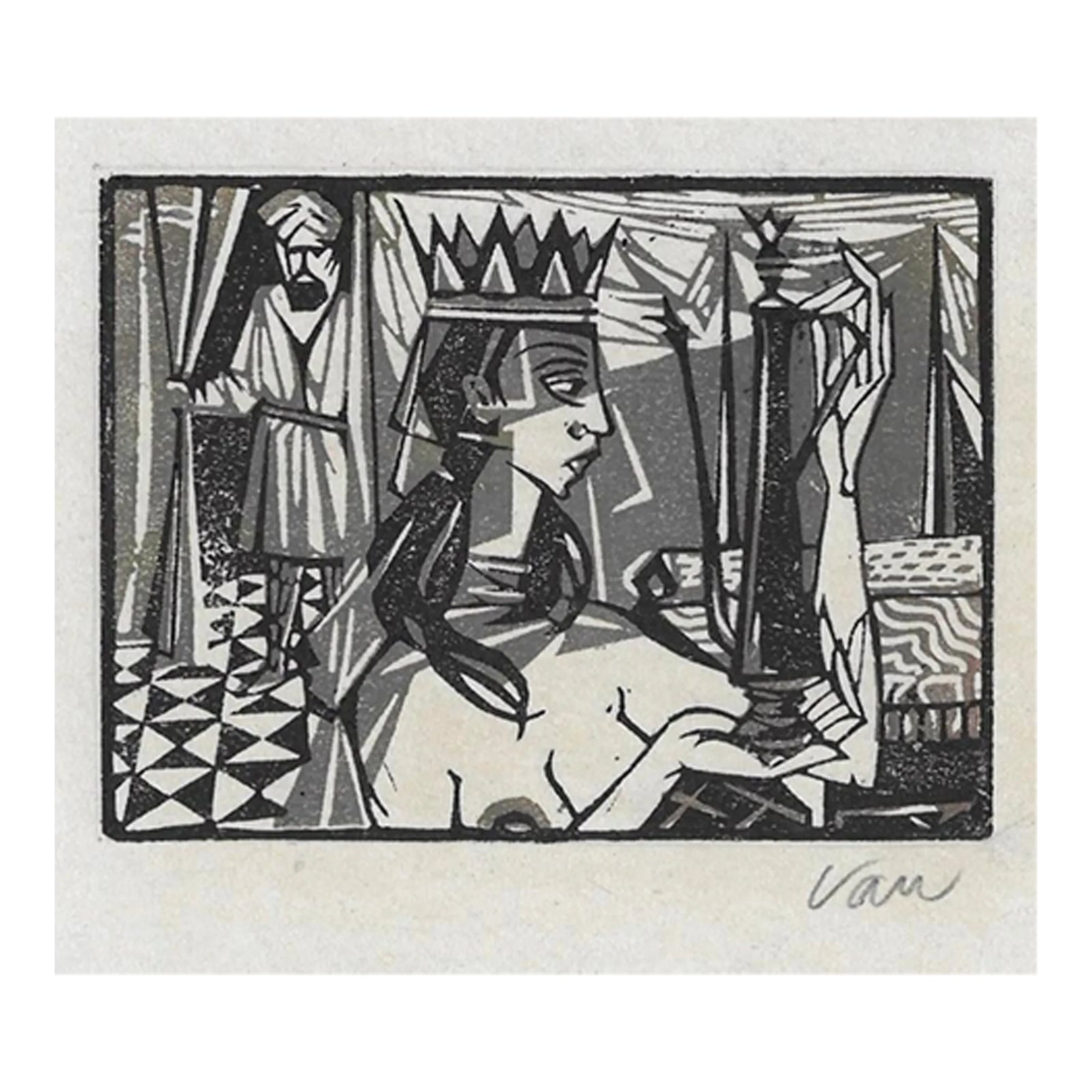 1950s Figural Middle Eastern Linocut by Van | Chairish