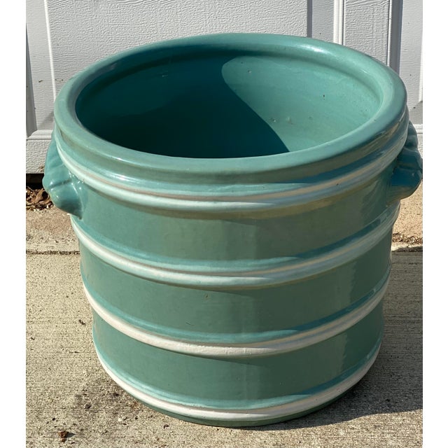 Mid Century Round Aqua Planter with Raised White Stripes | Chairish