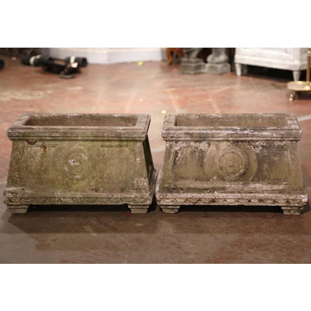 Pair of 19th Century French Weathered Verdigris Carved Outdoor Stone Planters | Chairish