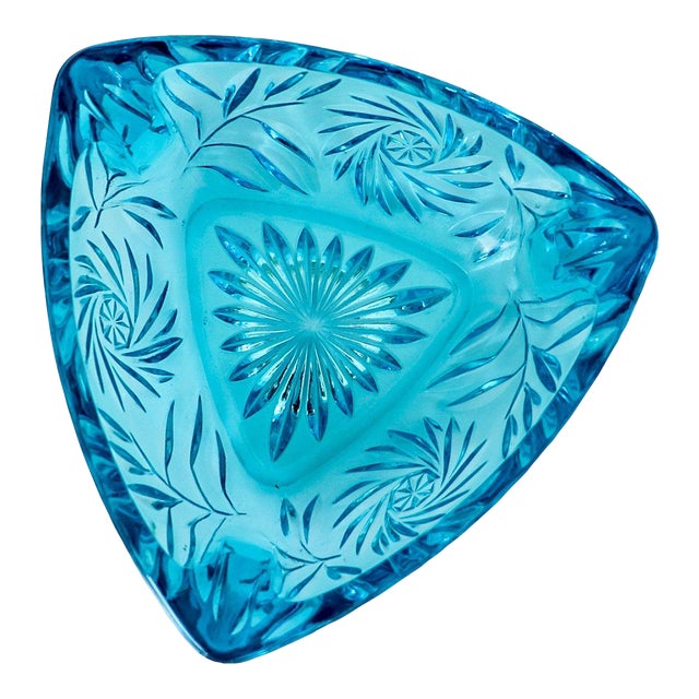 1960s Mid-Century Capri Blue Triangle Cut Glass Ashtray | Chairish