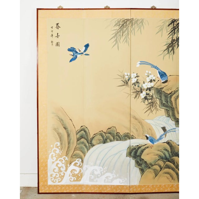 Japanese Style Four Panel Screen Bamboo Waterfall With Magpies | Chairish