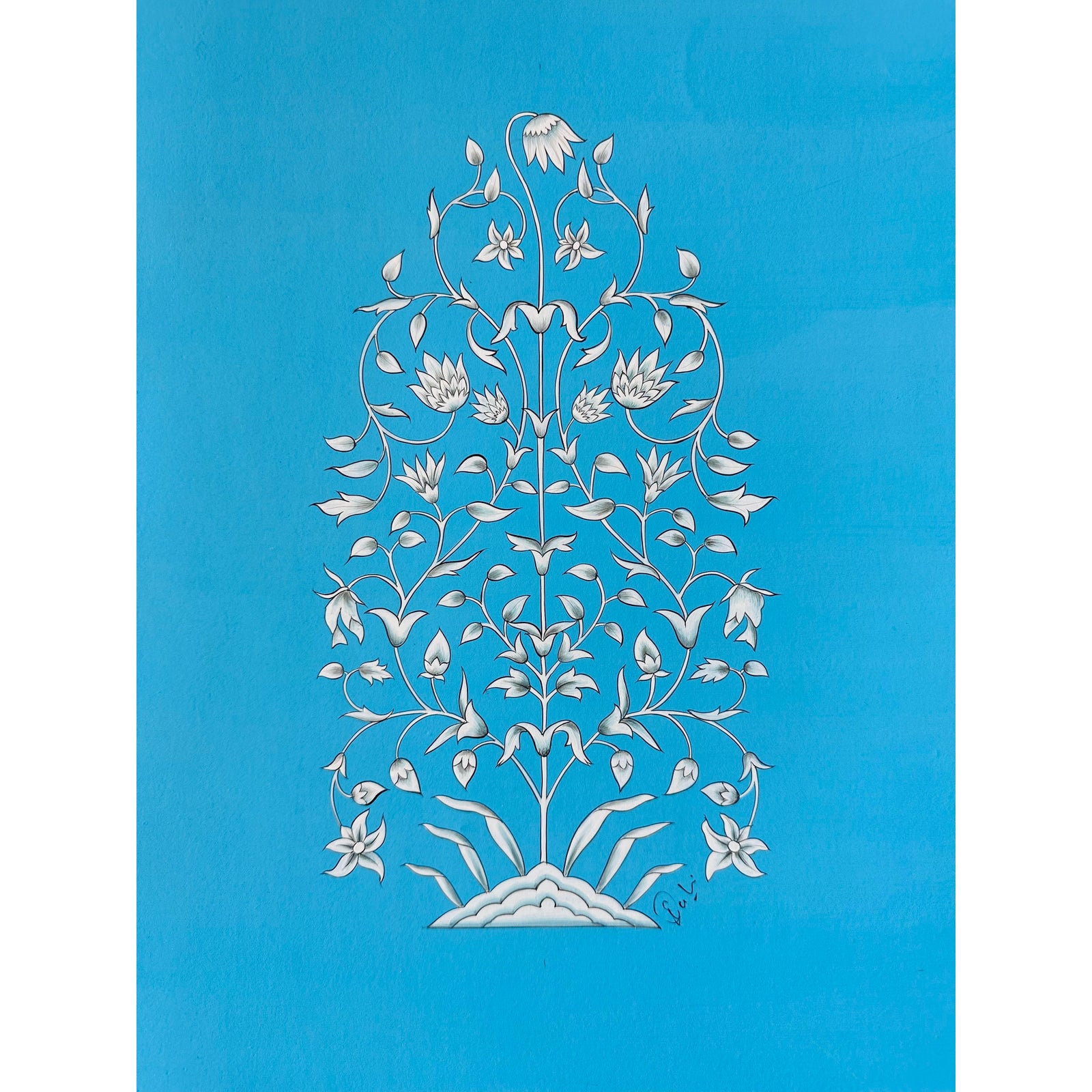 Original Hand-Painted Jaipuri Motif Painting in Blue & White | Chairish