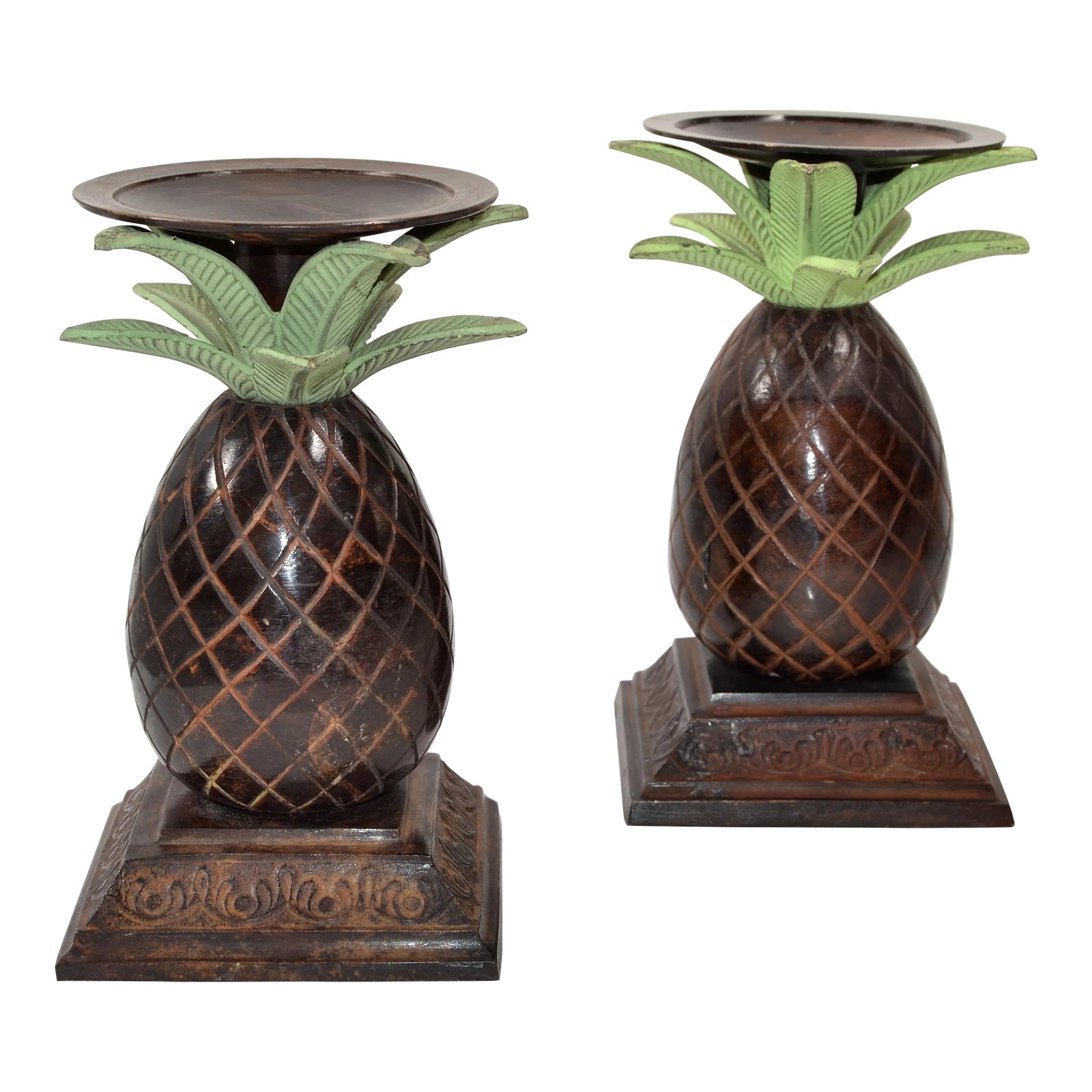 Set of 2 Vintage Brass Verdigris Hand-Carved Pineapple Candle Holders Maitland Smith Style ...