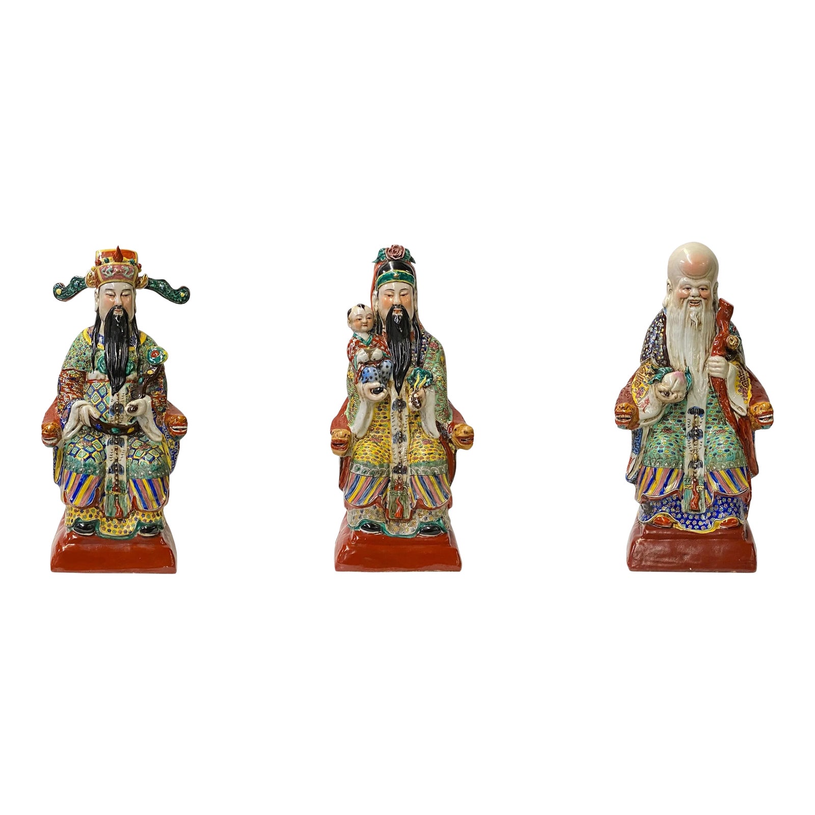 Chinese Canton Color Mixed Fenghsui Fok Lok Shao Figurines - Set of 3 ...