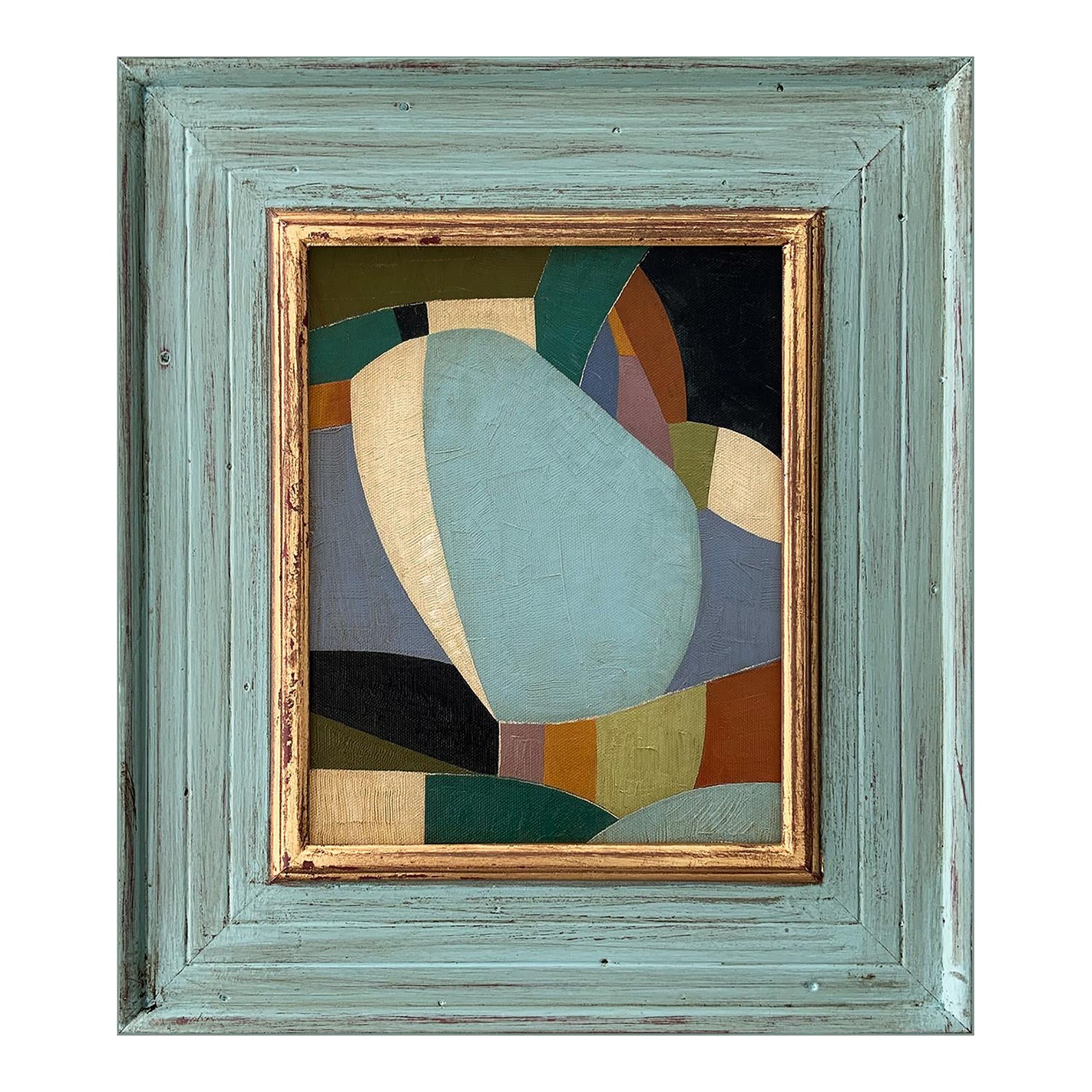 Contemporary Colorblock Oil Painting in Vintage Painted Frame | Chairish