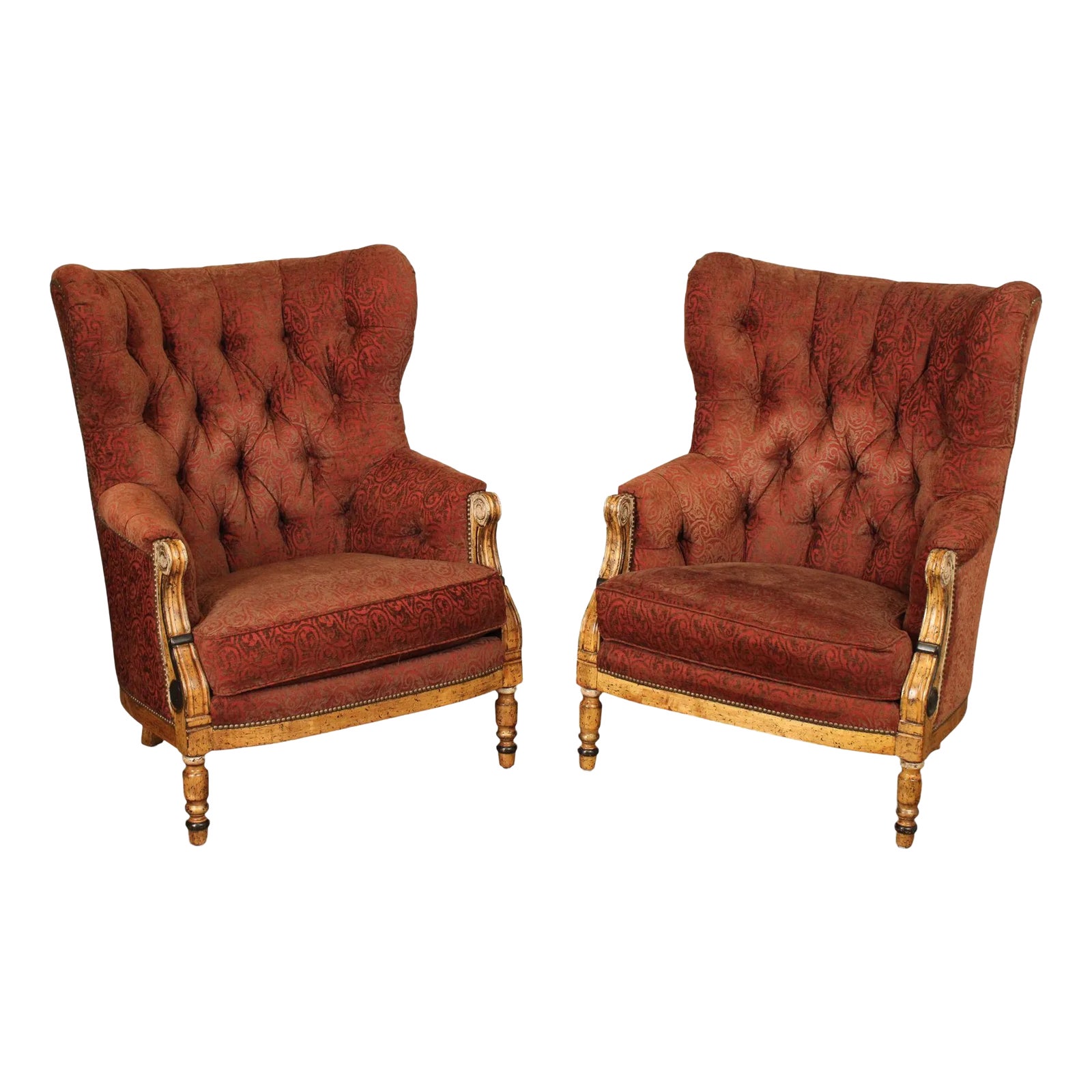 Paul Robert Pair of Tufted Wing Chairs | Chairish