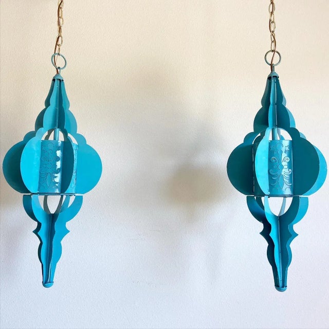 Modern Blue Metal Moroccan Pendant Lights - a Pair | Chairish