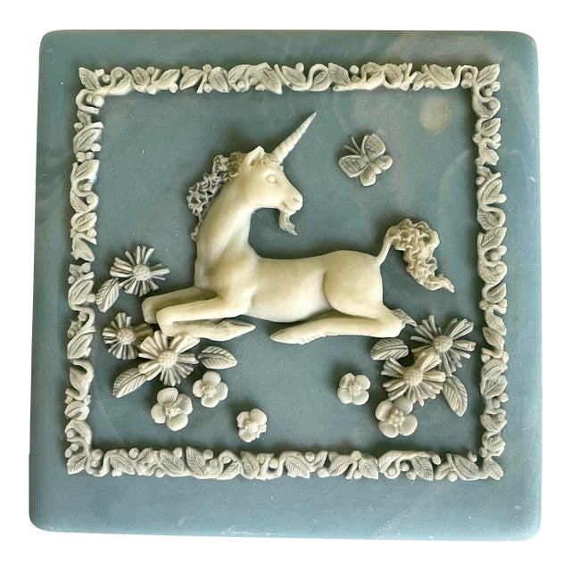 Vintage Unicorn Incolay Blue and White Lidded Trinket Catchall Box ...