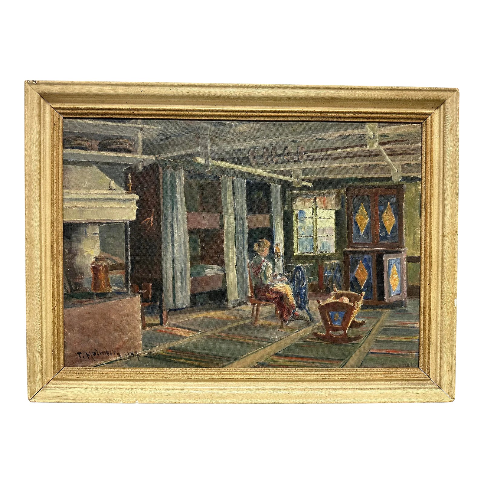 Mid-Century Oil Painting of Woman Working at Spinning Wheel by Thure ...