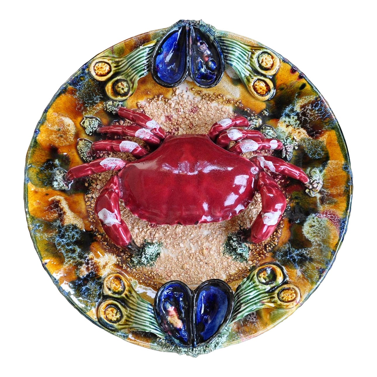 Large 13" Palissy Style Crab and Shellfish Majolica Plate From Portugal ...