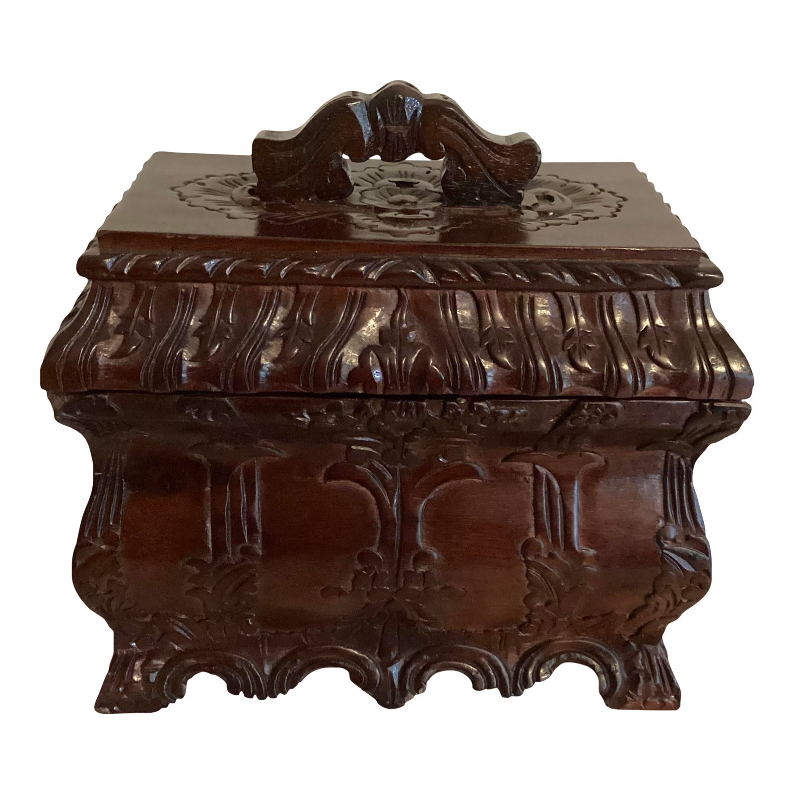 1970s Hand-Carved Victorian Style Wooden Tea Caddy Trinket Box | Chairish