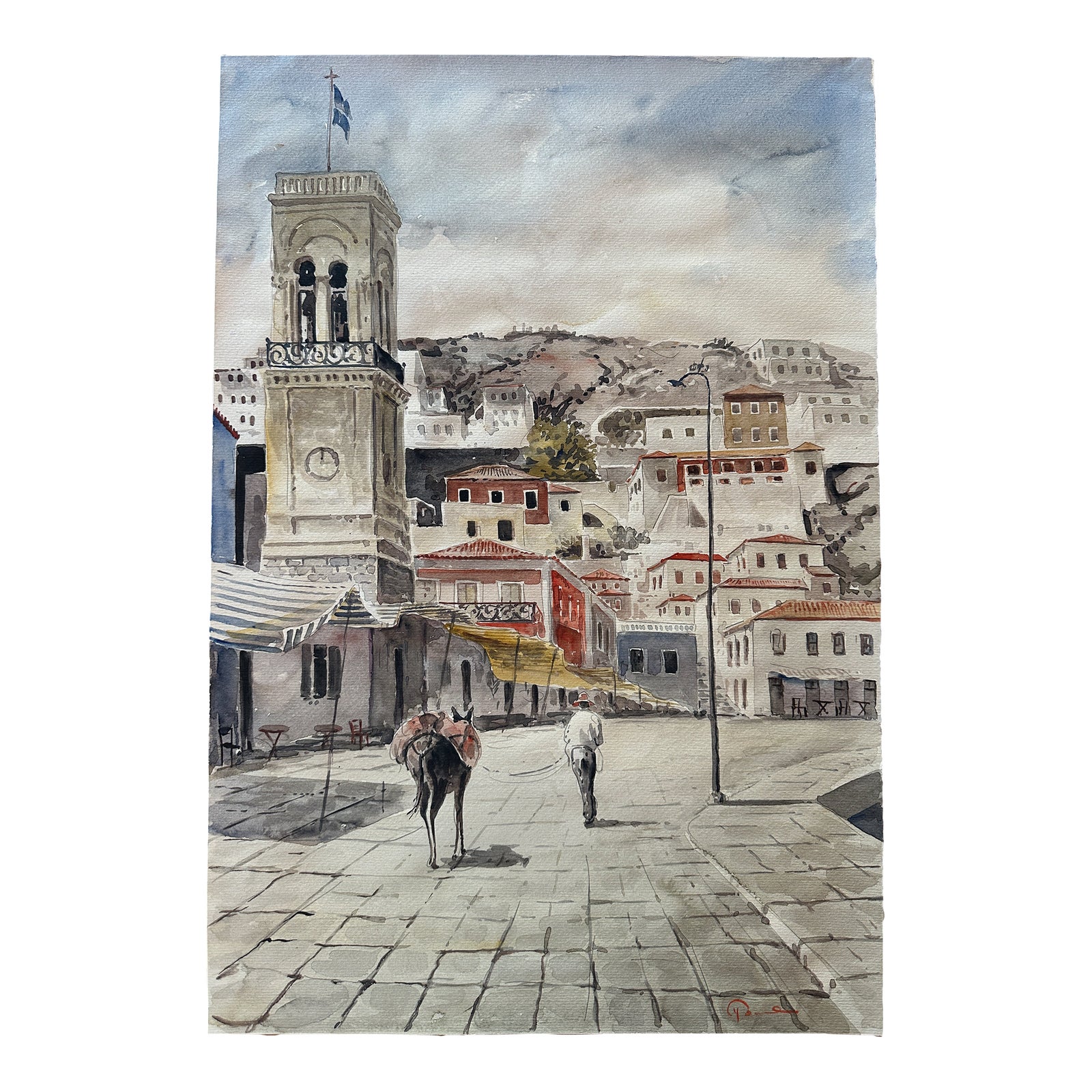 Greek Watercolor Painting, Village Scene, Crete, Signed Illegibly, C ...