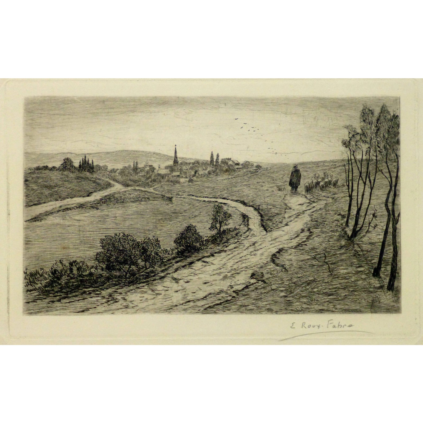 Emile Roux Fabre, Vintage Landscape Etching - the Flock | Chairish