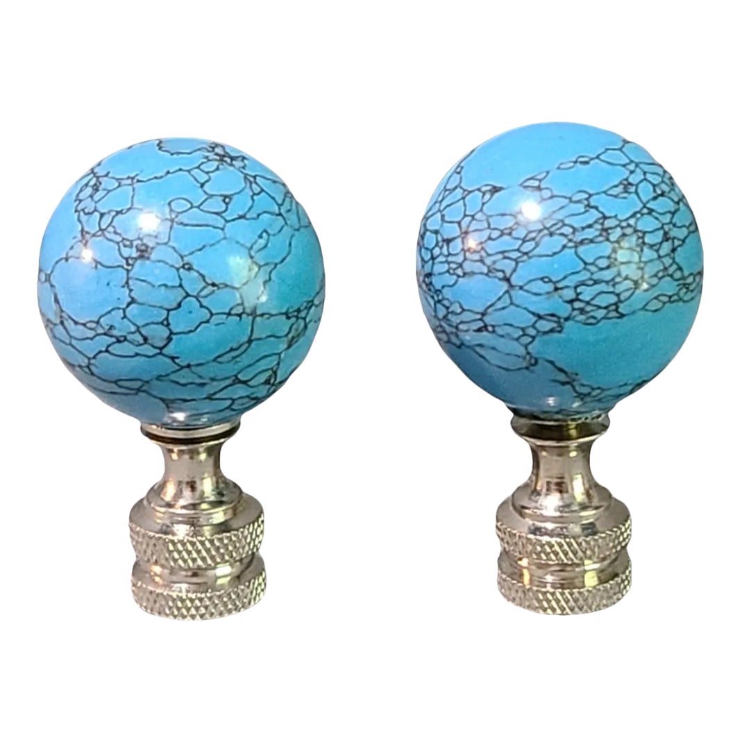Pair of 21st Century Turquoise Ball Lamp Finials Nickel Base | Chairish