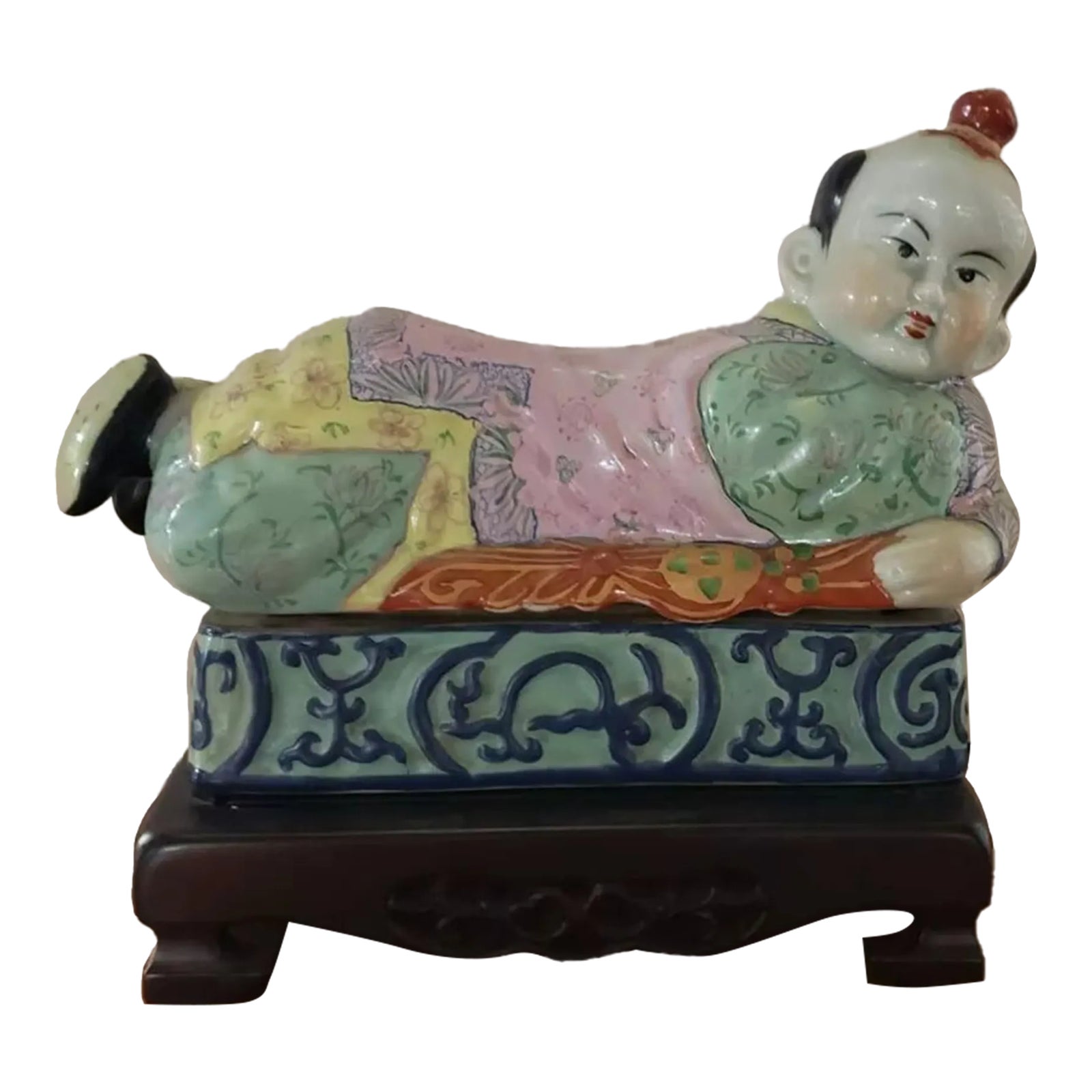 1970 Chinese Famille Rose Porcelain Ho-Ho Boy on Wooden Stand | Chairish