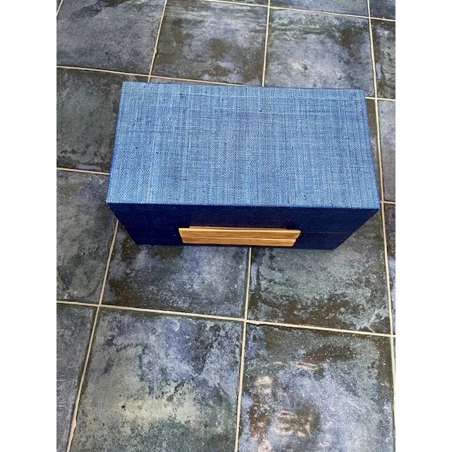 Large Blue Raffia Decorative Boxes With Gold Accents- Set of 2 | Chairish