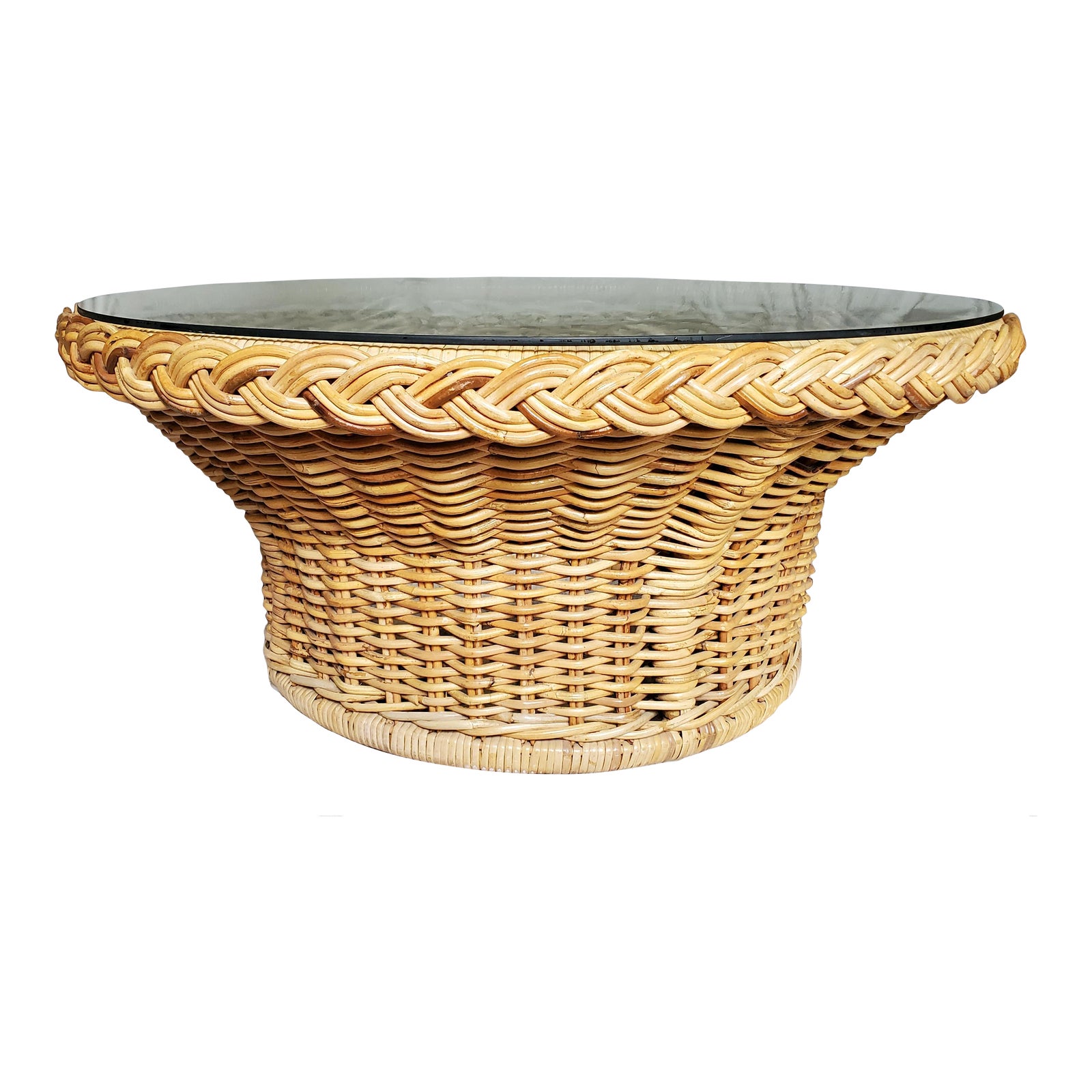 Mid 20th Century Vintage Wicker Works Braided Rattan Round Coffee Table ...