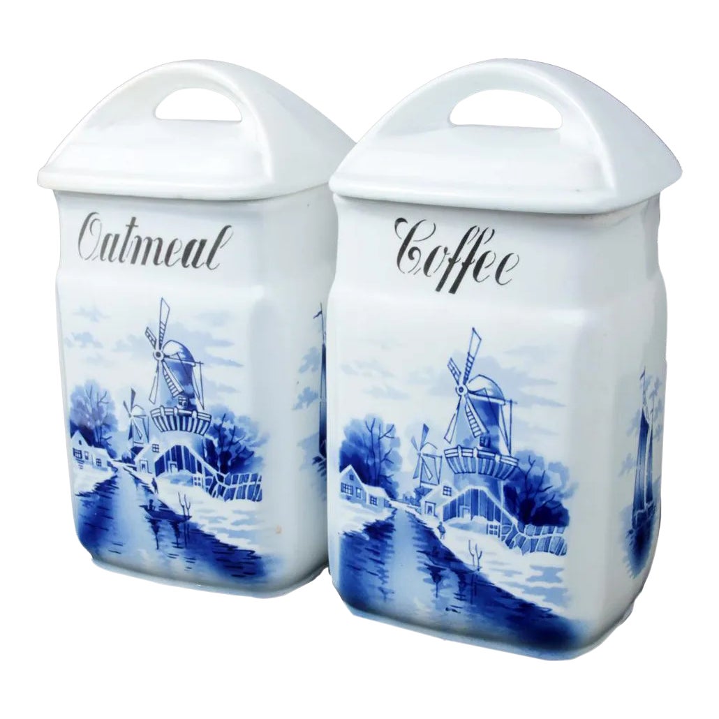 1930s German Blue and White Ceramic Coffee and Oatmeal Canisters | Chairish