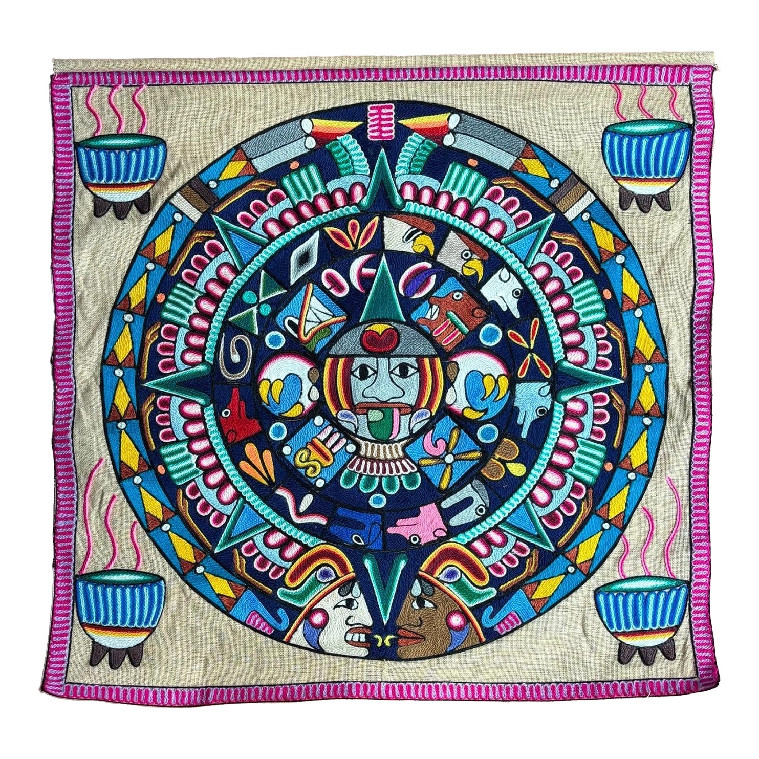 Vintage Mexican Mayan Aztec Embroidered Calendar Wall Hanging - Folk ...