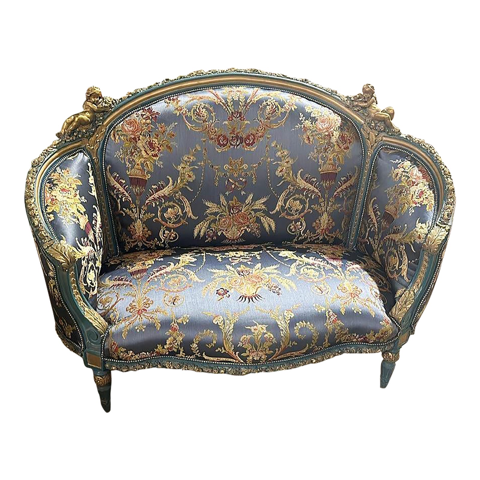 French Style Blue Sofa With Angel Details | Chairish
