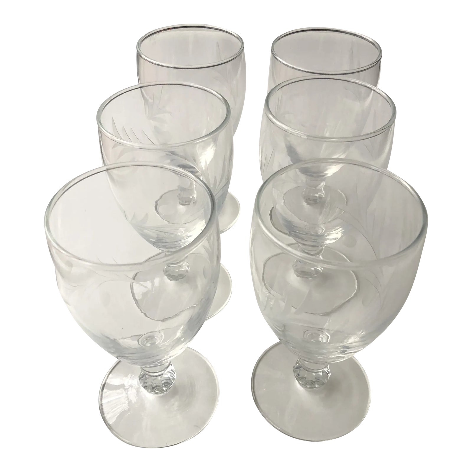 Vintage Clear Etched Glass Wine / Water Goblets S/6 | Chairish