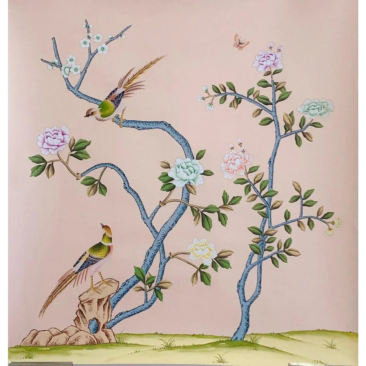 Chinoiserie Hand Painted Artwork on Pink Silk-Paper | Chairish